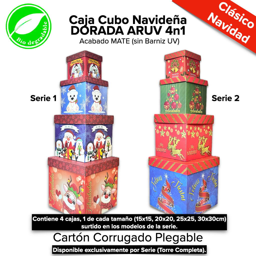 Caja Cubo Navideña DORADA ARUV 4n1 – BolsaDeRegalo.com